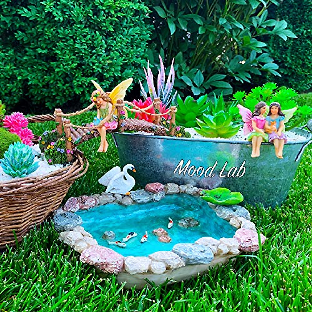 Mood Lab Fairy Garden Fish Pond Kit - Miniature Bridge Set of 6 pcs Fairy Garden Figurines & Accessories - Outdoor or House Decor