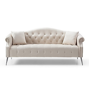 LIADTOP, 78.7" Classic Chesterfield Velvet Sofa Contemporary Upholstered Couch with Button Tufted and Rolled Arms, 2 Pillows Included, 3 Seater, Beige
