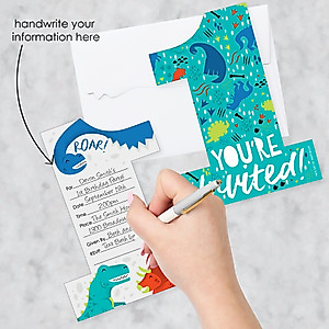 Big Dot of Happiness 1st Birthday Roar Dinosaur - Shaped Fill-In Invitations - ONEasaurus Dino First Birthday Party Invitation Cards with Envelopes - Set of 12