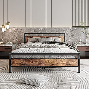 HOJINLINERO Queen Bed Frame with Headboard,Metal Platform Bed Frame Queen with Headboard,Mattress Foundation,No Box Spring Needed Under Bed Storage Industrial Steel Slats,Black…