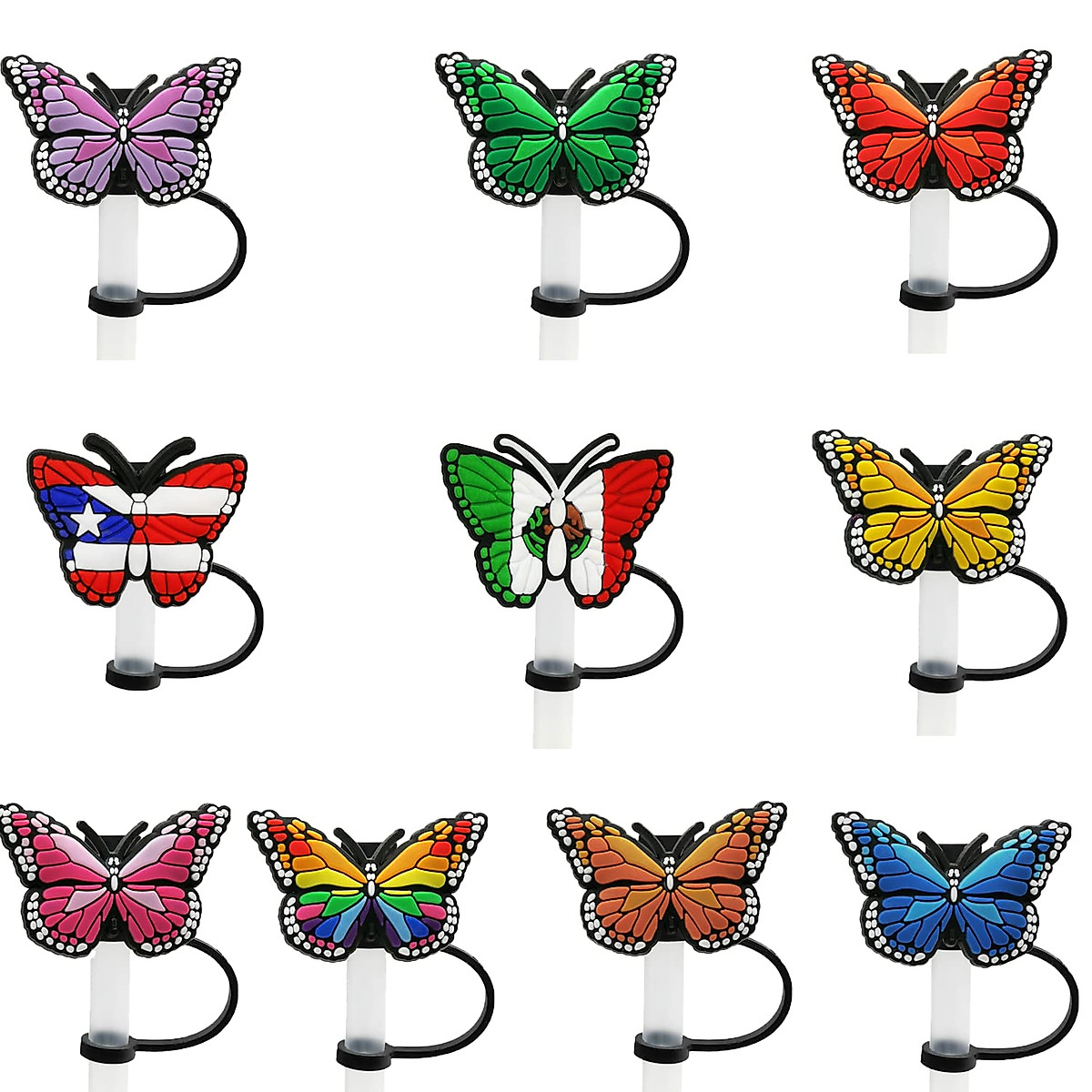 Silicone Butterfly Straw Cover Cap 10 Pcs Reusable Drinking Straw Tips Lids Cute Straw Topper Dust-Proof Straw Plugs for 1/4inch(6-8mm) Straw Tips For Outdoor Home Kitchen Party Decor (Butterfly)