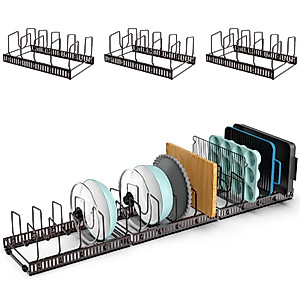 Puricon (3 Set) Pot Rack Pan Lid Organizer with 15 Adjustable Dividers, Pot Lid Skillet Griddle Cutting Board Baking Pan Holder, Cookware Rack for Kitchen Cabinet Cupboard Pantry Storage -Bronze
