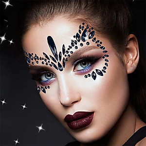 Rhinestone Face Gems Jewels, Festival Face Jewels Tattoo Stickers, Rave Crystals Face Gems Stick on, Body Gem Stones Bindi Temporary Face Tattoos for Festival Rave,4-Pack, Black