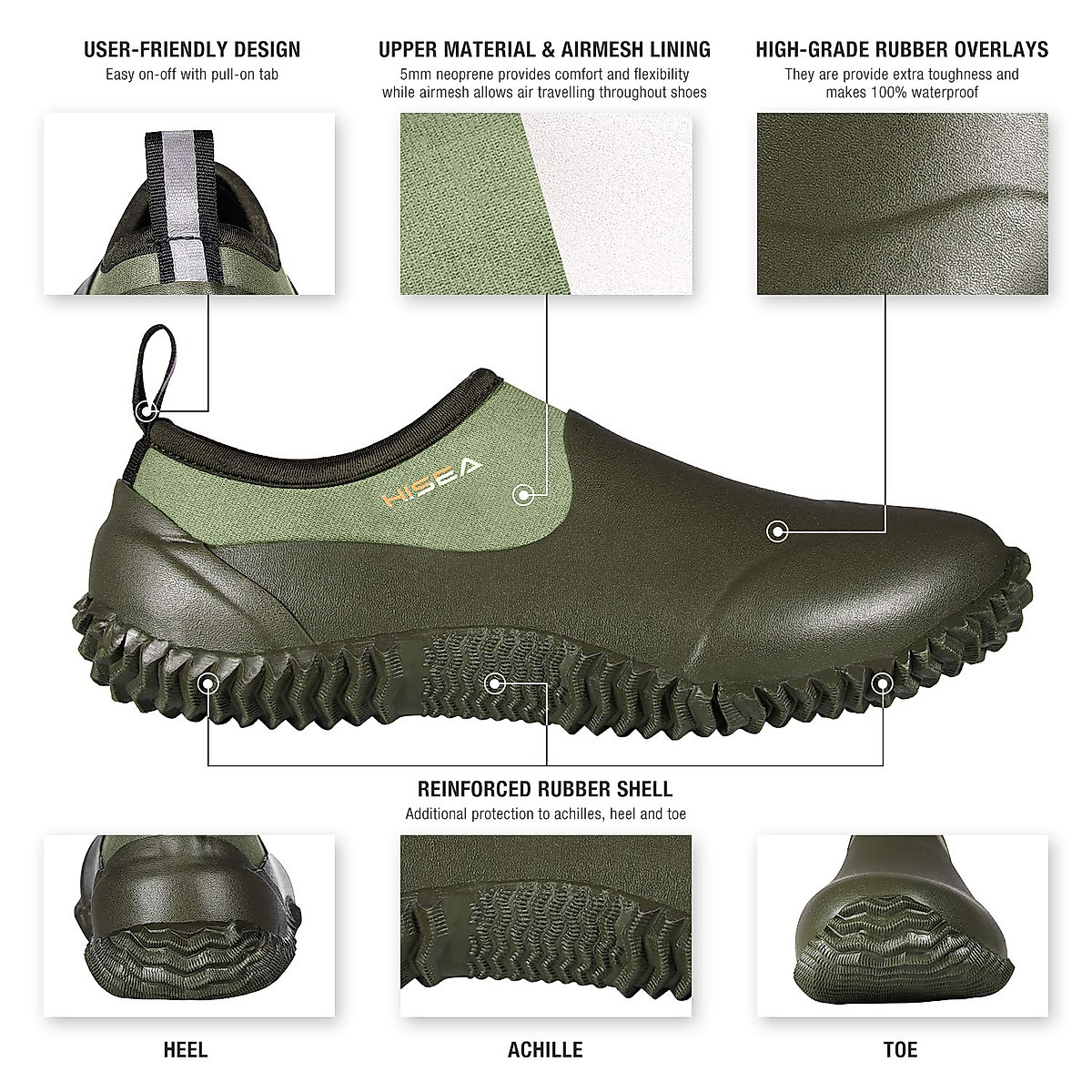 Hisea Unisex Waterproof Garden Shoes Ankle Rain Boots Mud Muck Rubber Slip-On Shoes for Women Men Outdoor Green Size: 11.5 Women/9 Men