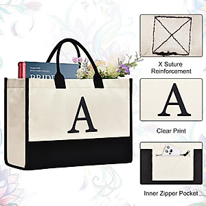 GASSDA Initial Canvas Tote Bag, Birthday Gifts For Women, Monogram Personalized Gifts For Women Mom Teachers Bridesmaids