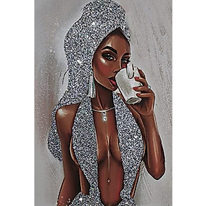 African American Black Woman Silver Glitter Textured Canvas Print Poster,Sparkly Women's Wall Decor Fashion Female Painting Canvas Prints Living Room Bedroom Bathroom Home Decor,16x24 inch,Unframed.