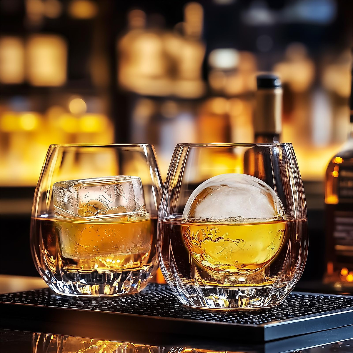 HONYAO Whiskey Cocktail Ice Mold, Easy Fill and Release Silicone Round Ice Ball Maker Mold Large Square Ice Cube Tray with Lid - 6 Ice Balls + 6 Ice Cubes Black