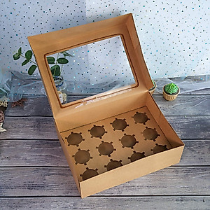 ONE MORE [20-Packs] Brown Cupcake Boxes 12 Holders, Cake Carrier Food Grade Kraft Pop-up Bakery Boxes 13.8 x 9.5 x 4inch with Inserts and PVC Windows Fits 12 Cavity Cupcake or Muffins Pack of 20