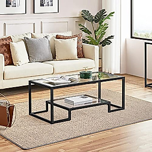 Yaheetech Coffee Table, Tempered Glass Coffee Table, Modern Simple Center Table w/Geometric-Inspired Design & Metal-Frame & Easy Assembly & Open Storage Shelf for Living Room, Office, Black