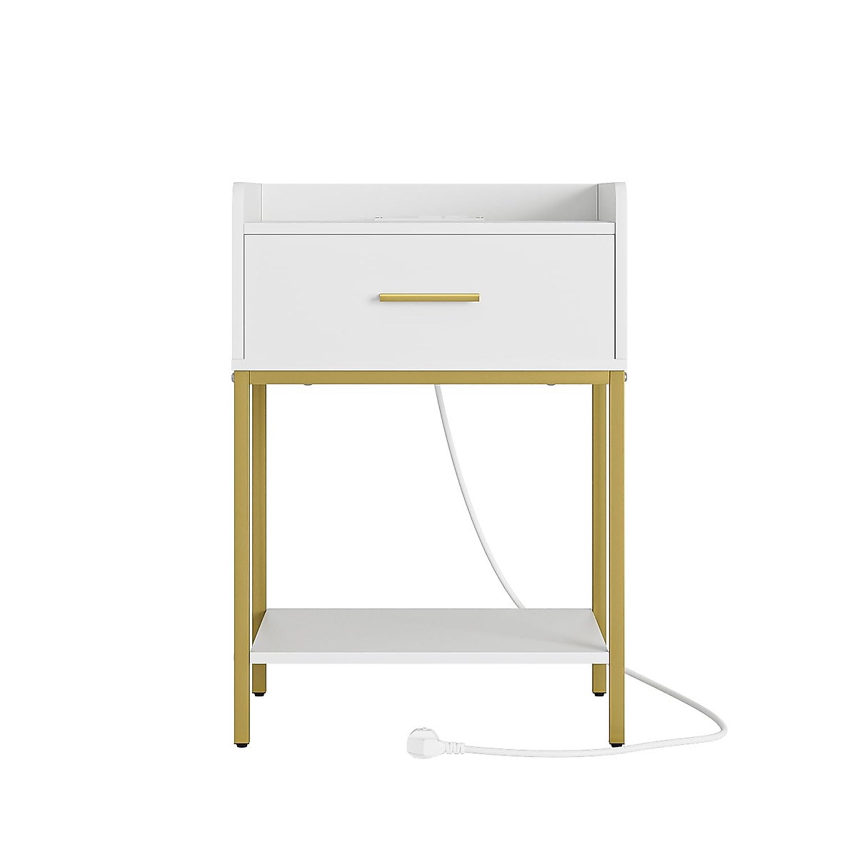 Masupu Nightstand with Charging Station,3-Tier Modern Bedside Night Stand with Storage Drawer and Shelf,Small End Side Table for Bedroom,Living Room,White