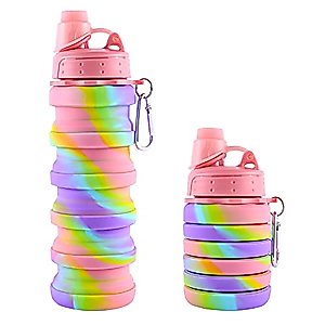 MAKERSLAND Rainbow Collapsible Folding Water Bottles for Kids, Students, Adults, Reusable BPA Free Silicone Foldable Sports Water Bottles for Travel Camping Hiking, Pink