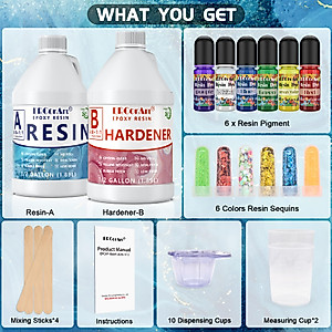 Epoxy Resin Kit - 1 Gallon Clear Resin Epoxy with Pigment, Glitter, Self Leveling Easy Mix 1:1 Casting Resin and Hardener, Resin Art Supplies for River Table Tops, Jewelry Projects, Mold Casting