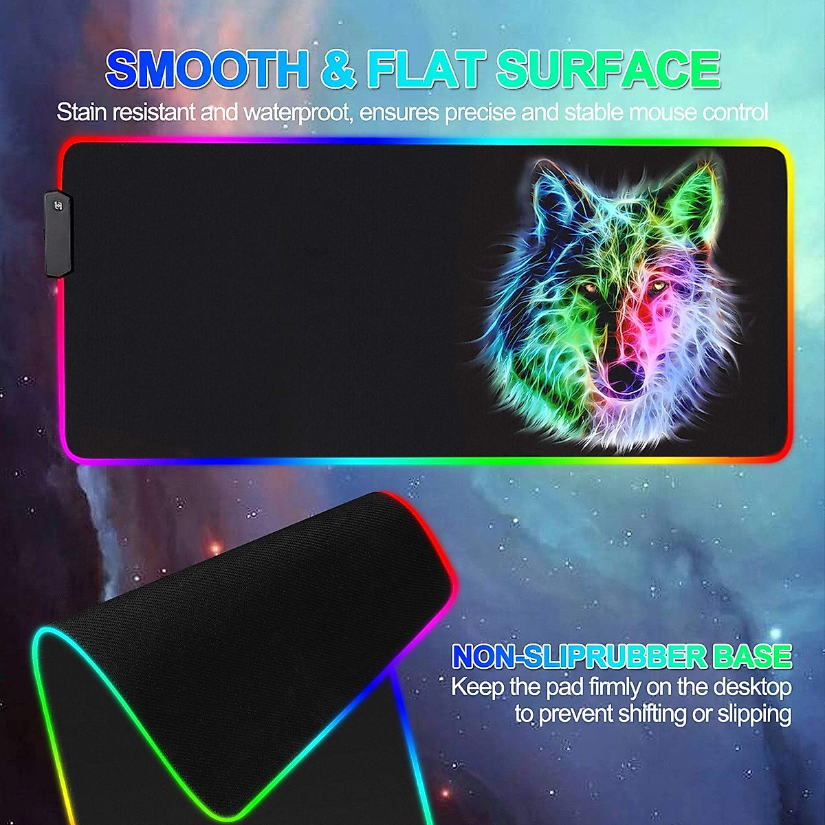 RGB Gaming Mouse Pad - 14 Light Modes Extended Computer Keyboard Mat, Anime LED Mouse Pad Large，High-Performance Mouse Pad Optimized for Gamer 31.5 X 12in (Wolf Mouse pad)