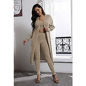 Fixmatti Fuzzy 3 Piece Legging Set for Women Open Front Cardigan Cropped Tops Long Pant Suit Khaki S
