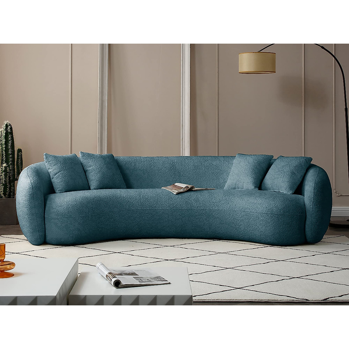 kevinplus 101'' Boucle Curved Sofa Couch for Living Room, Modern Mid-Century Cloud Upholstered Sofa Contemporary Living Room Sofa for Home Apartment Office Studio, 4 Pillows, Beige