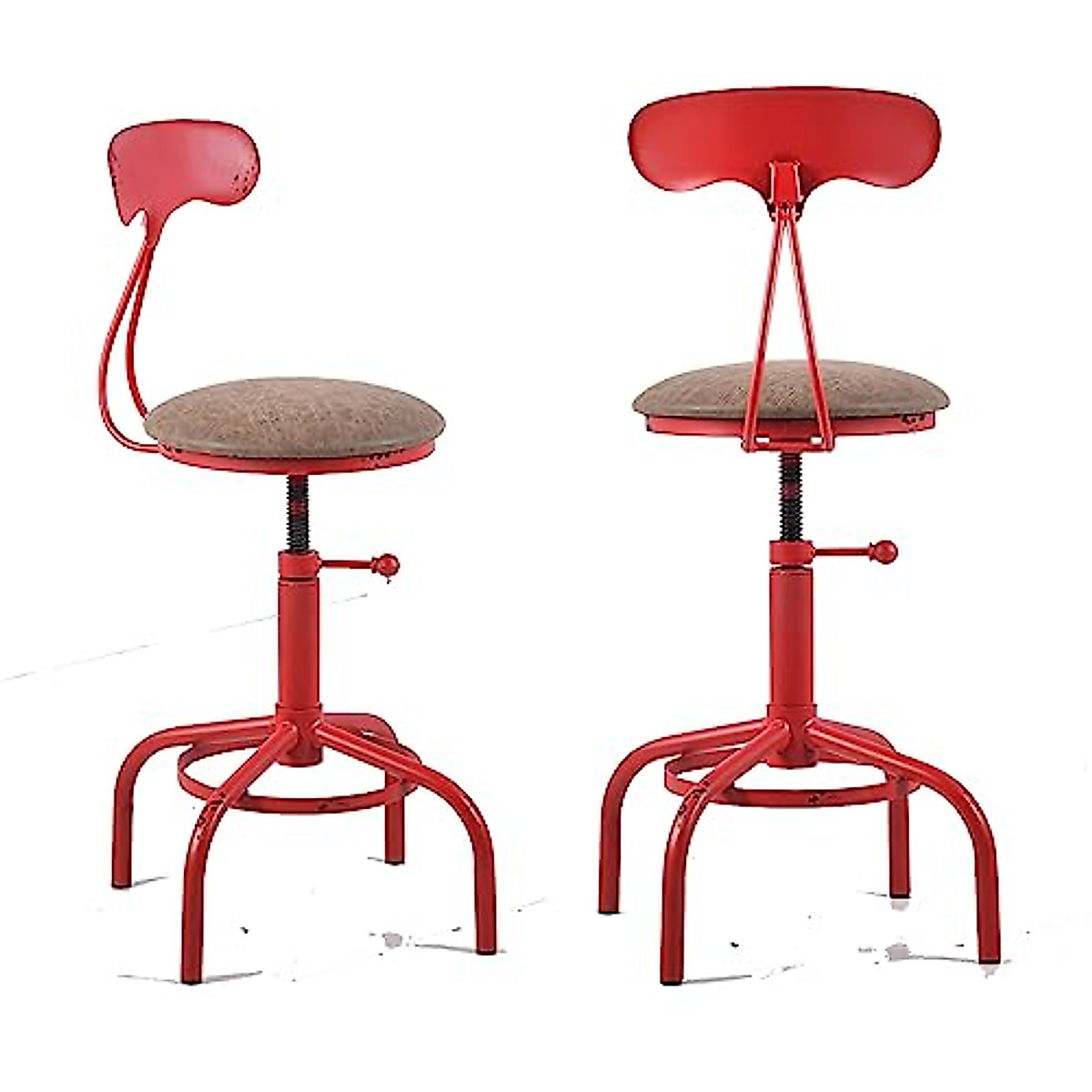 Topower 3-Piece Pub Bar Set Industrial Round Bar Table and Adjustable Height PU Seat Stools with Backrest for 2 Match Bar Height and Counter Barstool Antique Red 1 Table + 2 Chairs