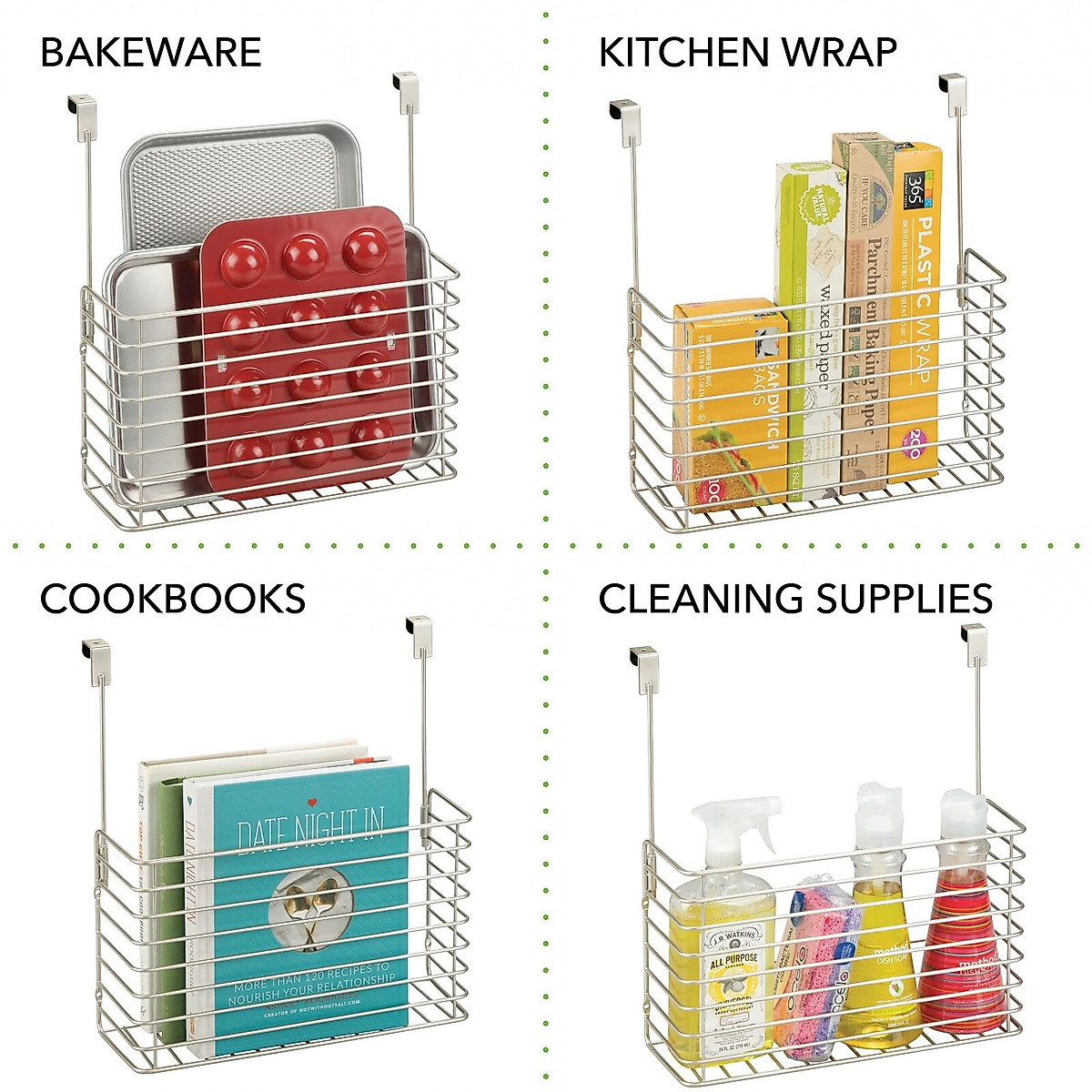 mDesign Metal Wire Kitchen Bakeware Organizer Basket - Hang Over Cabinet Door - Storage for Baking Sheets, Cupcake Tins, Cutting Boards, Foil, or Plastic Wrap - Concerto Collection - Matte Satin