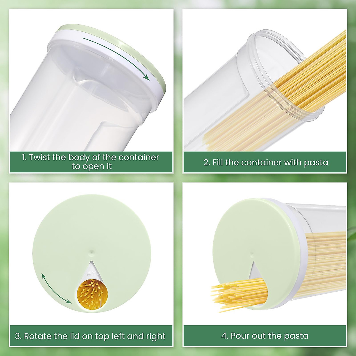 EORTA Plastic Spaghetti Container Noodle Pasta Storage Jar with Locking Lid Clear Dry Food Keeper Canister Cereal Crisper Box, Green