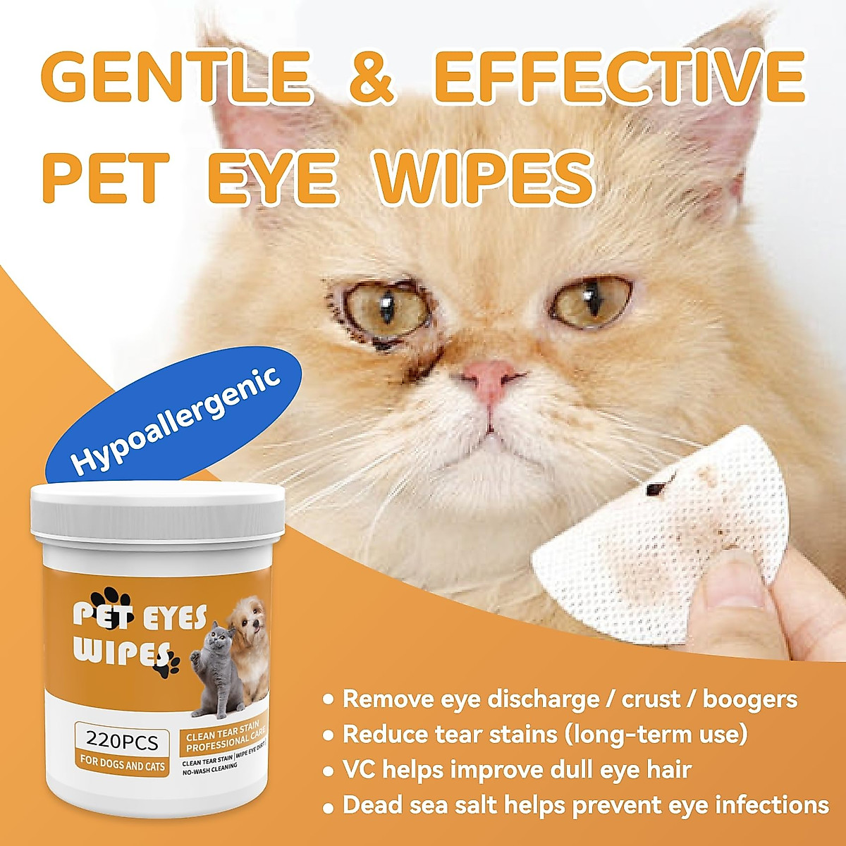 Eyes Wipes for Dogs - Gently Remove Tear Stain - Dog Eye Cleaner,Eye Debris, Discharge, Mucus Secretions - Dog Eye Wipes Tear Stain Remover - Dog & cat Eye Wipes - 220pcs