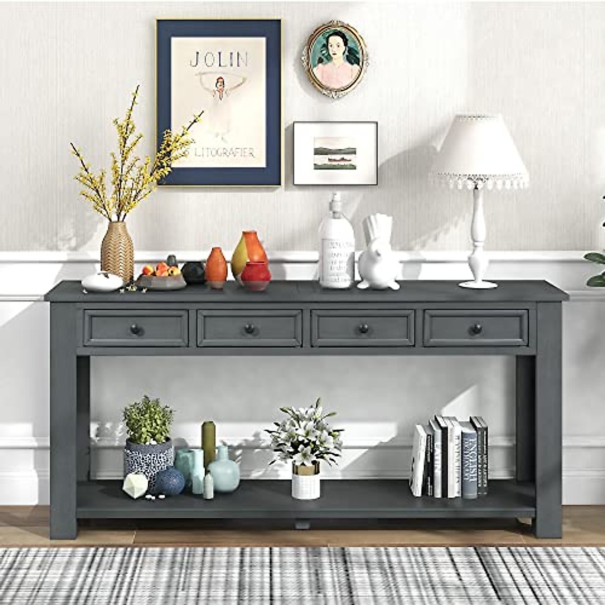 P PURLOVE Console Table for Entryway Hallway Sofa Table with Storage Drawers and Bottom Shelf (Navy)