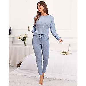 difficort Womens Pajama Sets Long Sleeve Pjs Soft Sleepwear Ribbed Knit Lounge Set with Pockets,K-Light Blue,Small