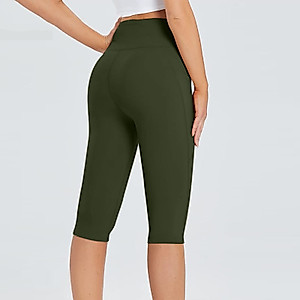 Capri Leggings for Women Knee Length Butt Lift Tights Tummy Control Yoga Workout Exercise Capri Pants with Pockets Army Green