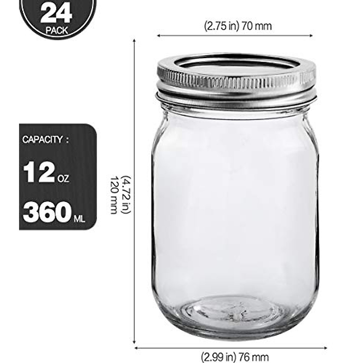 KAMOTA Mason Jars 12 oz With Regular Lids and Bands, Ideal for Jam, Honey, Wedding Favors, Shower Favors, DIY Spice Jars, 24 PACK, 30 Labels Included