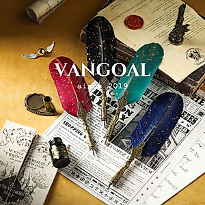 VANGOAL Vintage Black Feather Pen and Ink Set, Classic Series Goose Quill Pen with Carving Pen Stand, Calligraphy Pen Nibs, Black Dip Pen Ink, Antique Writing Gift for Writer