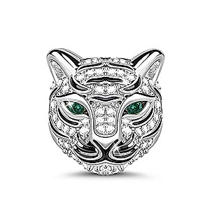 GNOCE Royal Tiger Head Charms for Bracelet S925 Sterling Silver Animal Bead Charm Tiger Punk Rock Pendant Charms for Women Men Necklace