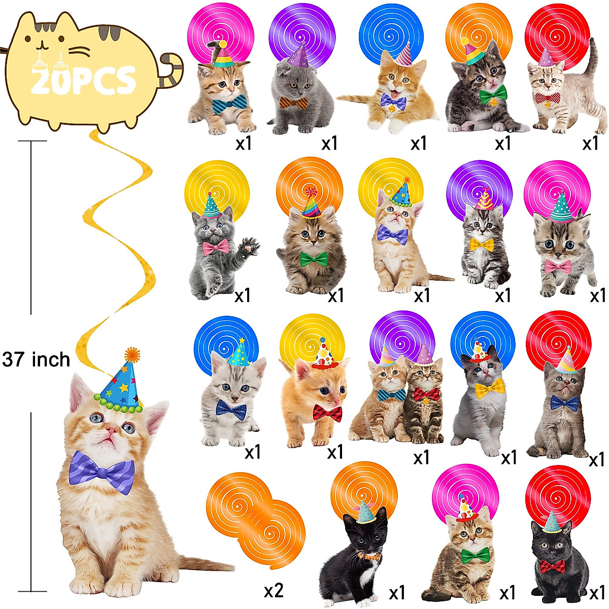 20Pcs Cat Hanging Swirls Decorations Cat Kitten Birthday Party Decorations Baby Cat Swirl Decorations for Cat Lover Kids Pet Cat Theme Birthday Party Pet Adoption Party Supplies