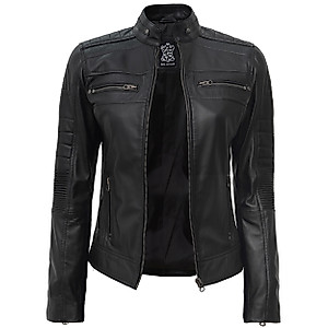Decrum Women Leather Jacket - Leather Jacket for Women | [1313725] Black Cafe Racer, XL
