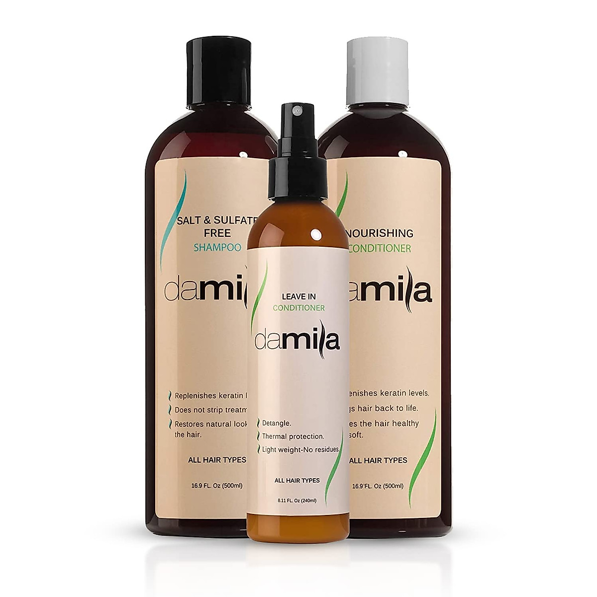 Damila Salt and Sulfate Free Shampoo & Conditioner, 16.9 fl oz & Leave In Conditioner, 8.11 fl oz Bundle