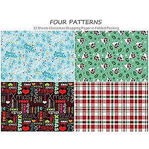 AUCLAY Christmas Wrapping Paper Sheets for Holiday Thanksgiving - Xmas Gift Wrap 4 Designs Red/Green Plaid, Snowflakes, Love, Dogs - Pack of 12, Folded Flat, 20 Inch X 29 Inch Per Sheet