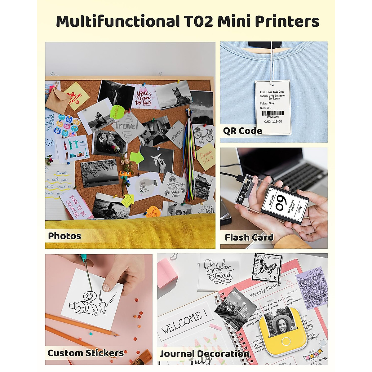 Ponek T02 Bluetooth Thermal Mini Printer Thermal Pocket Printer Paper, White Self-Adhesive Paper Compatible with T02 Bluetooth Mini Sticker Printer, Black On White Paper for Journal Photo