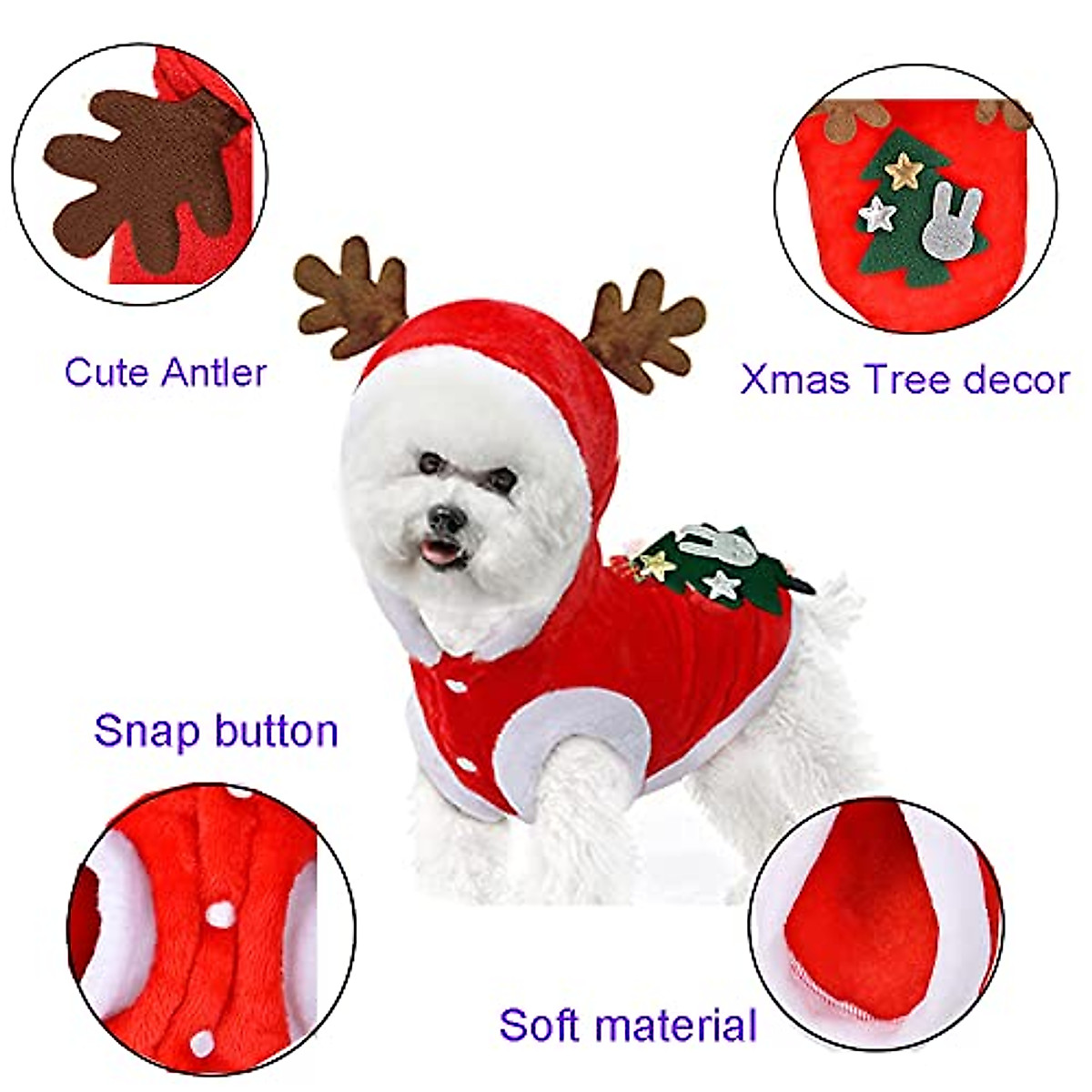 ANIAC Dog Christmas Clothes Xmas Puppy Hoodies with Elk Antler Funny Pet Reindeer Costume Coat Holiday Winter Pet Clothing Xmas Outfit for Cats Small Medium Dogs (A, X-Small)