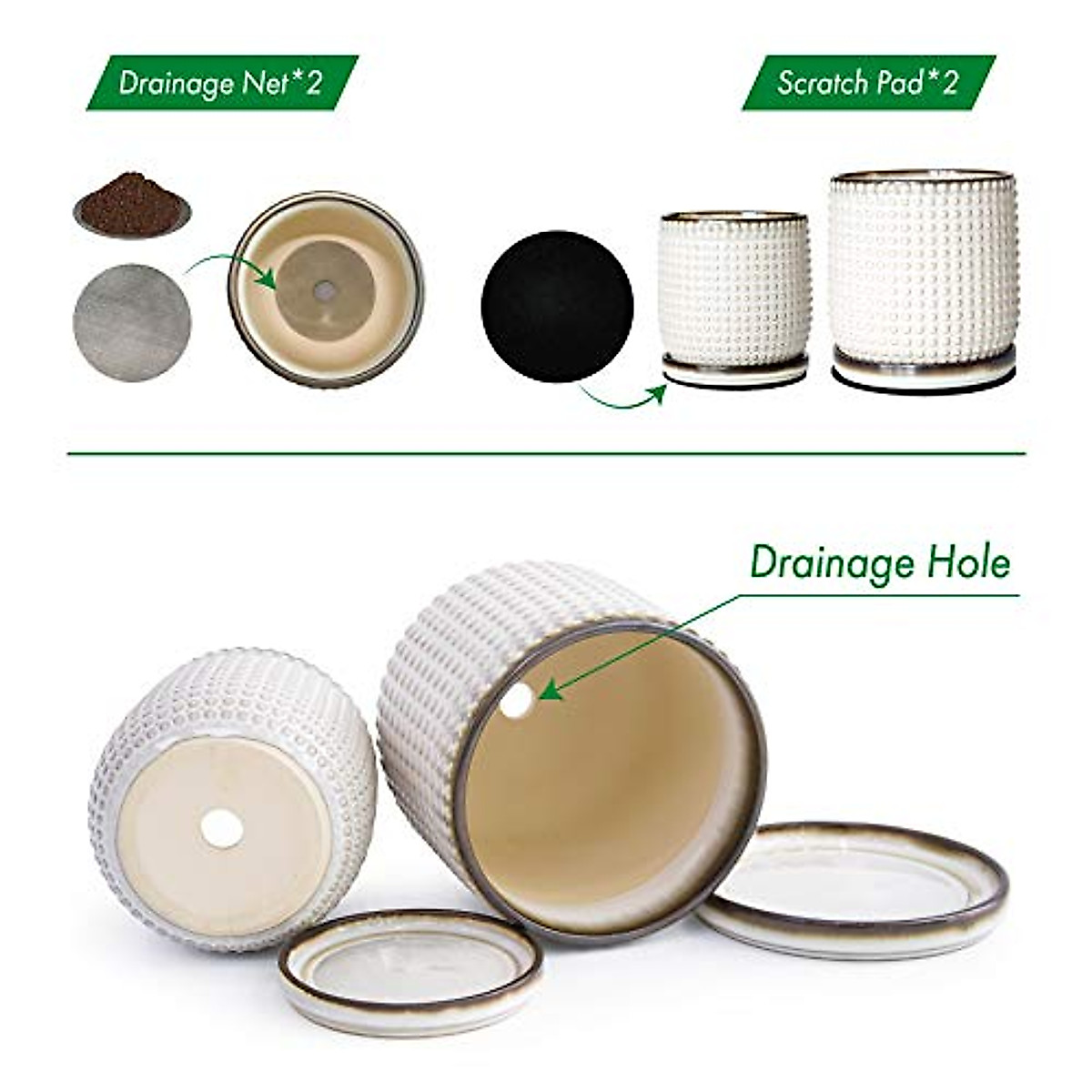 Set of 2, 6 Inch & 4 Inch Ceramic Indoor Planter Pots with Drainage Hole and Saucer, Beaded Design Flower Pots, Smoked White, 27-H-B-SW-ZS