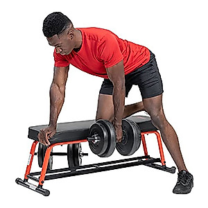 Sunny Health & Fitness Power Zone Strength Flat Bench with 550 LB Max Weight, Dumbbell Rack and Transport Wheels - SF-BH6996, Black