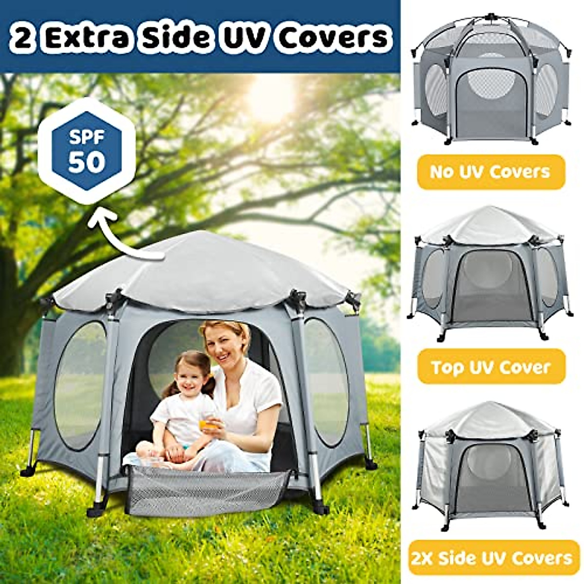 Portable Playpen for Babies and Toddlers - PRObebi Pop Up Playpen for Baby with Three Sun-Shade, Lightweight Outdoor Play Yard - Beach Playpen with Travel Bag - for Home & Indoor Use - Grey