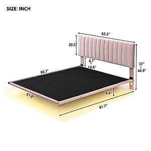 anwickjeff Modern Queen Size Velvet Upholstered Bed Frame with Smart Led Light and Headboard, Floating Bed Frame Queen Size for Kids, Smart Bed, Bedroom Sets (Pink)