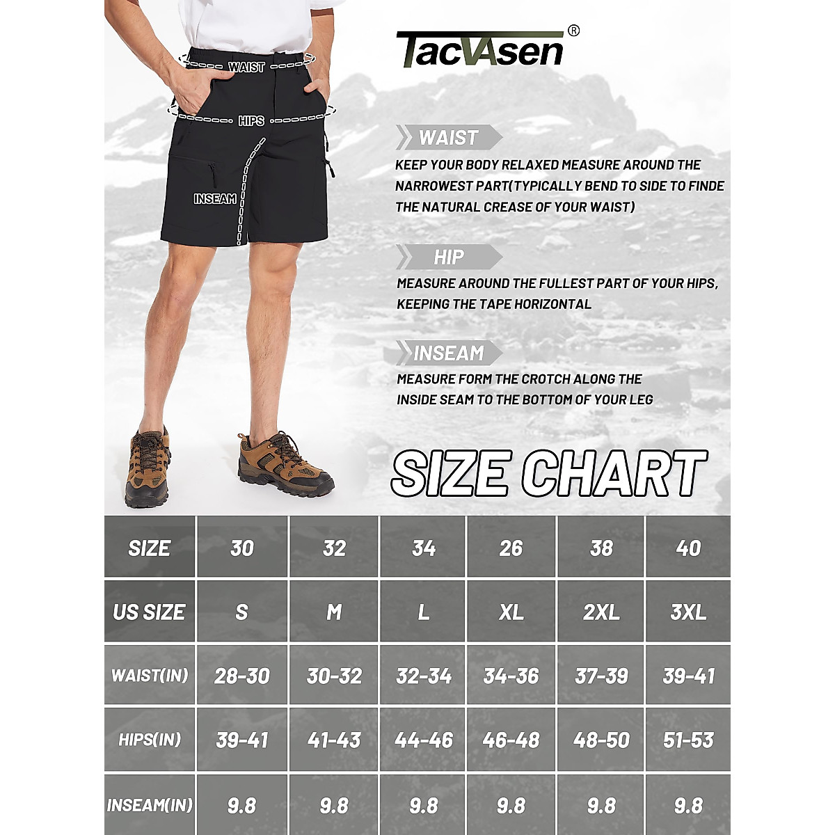 TACVASEN Mens Hiking Shorts Lightweight Quick Dry Black Cargo Fishing Shorts Water Resistant Golf Shorts with Pockets