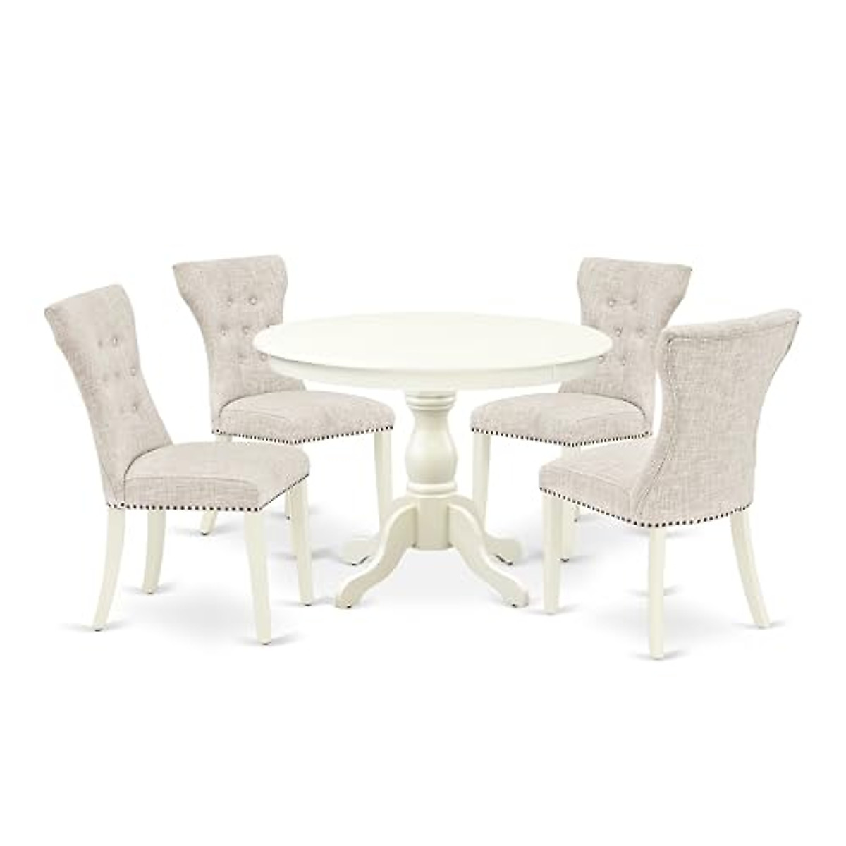 East West Furniture HBGA5-LWH-35 5 Piece Dining Table Set for 4 Includes a Round Kitchen Table with Pedestal and 4 Doeskin Linen Fabric Parsons Dining Chairs, 42x42 Inch, Linen White