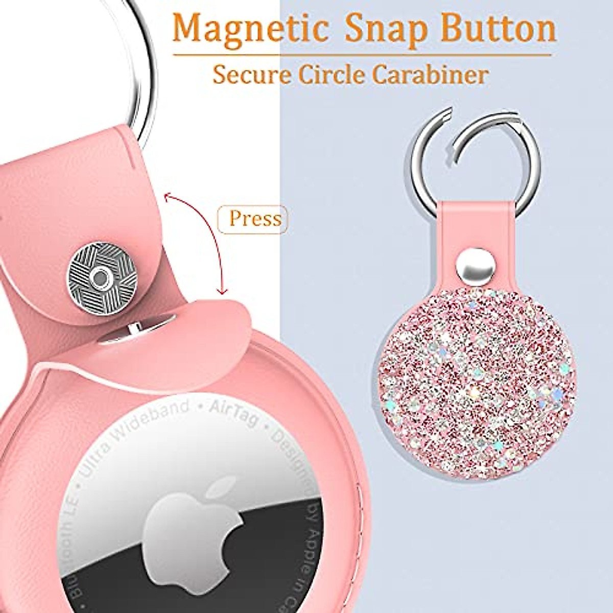 QearFun Bling Diamond Apple Airtag Case, Sparkly Leather Airtag Keychain Holder with Shiny Rhinestone, Glitter Girly Fancy Apple Air Tag Holder Gifts for Kids Girls Women(Pink)
