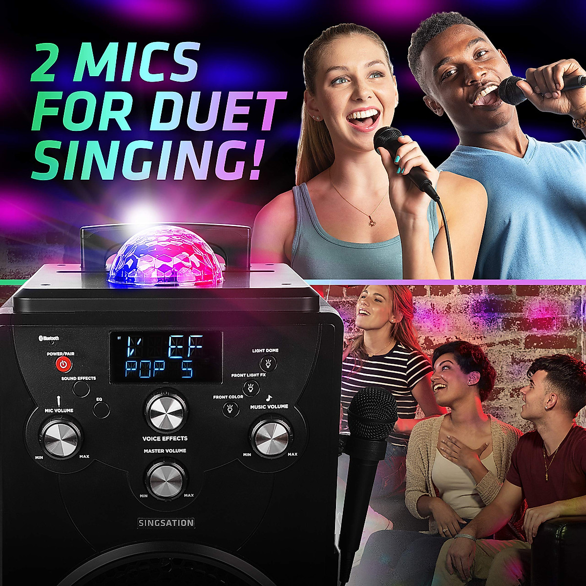 Professional Karaoke Machine for Adults and Kids - Singsation XL Portable Karaoke System - 60 Voice & 10 Sound Effects, 2 Karaoke Mics, 25 Room-Filling Light Show & Works w/Bluetooth
