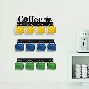 NAISQAQ Coffee Mug Holder Wall Mount with 12 Hooks, 3 Packs Metal Coffee Mug Rack with Coffee and Tea Sign, Tea Cup Hanger for Bar Kitchen Organizer Display, Coffee Corner Nook Decor, Black