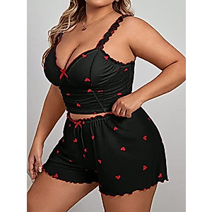 SOLY HUX Women's Plus Size Heart Print Mesh Pajama Set Cami Top and Shorts Lounge Sleepwear Black Heart 5XL