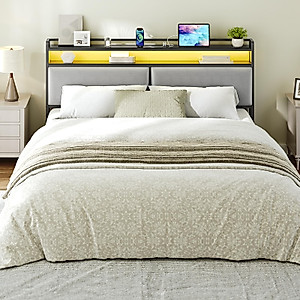 HOOBRO King Size Upholstered Headboard, Storage Headboard with Charging Station and Adjustable LED Lights, 2 Standard Outlets and 2 USB Ports, King Headboard Only, Easy Assembly, Black and Gray