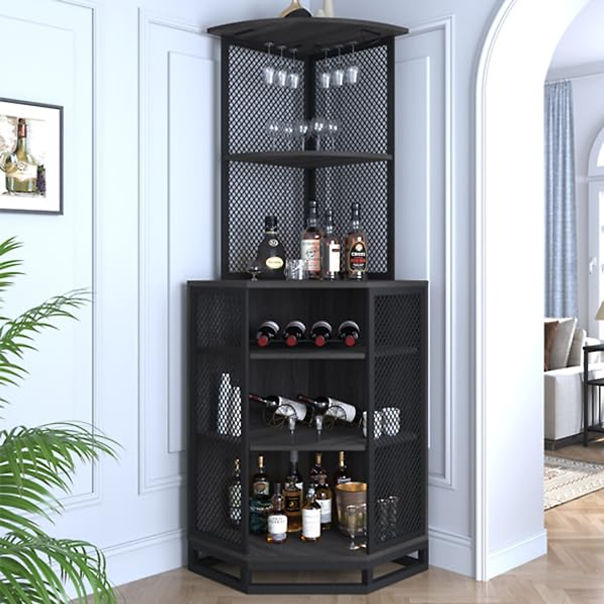IBF Tall Corner Bar Cabinet, Large Wood and Metal Liquor Cabinet with Wine Rack, Industrial Corner Wine Cabinet with Adjustble Shelf Storage, Home Bar Unit for Kitchen Living Room, Dark Gray, 71 Inch