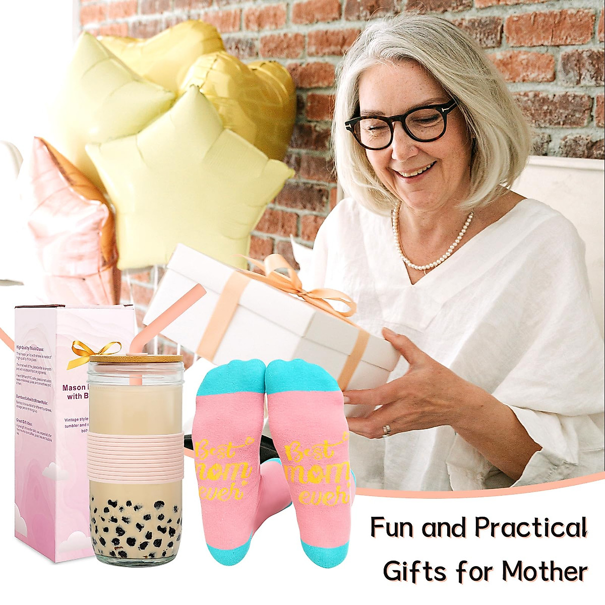 ANOTION Christmas Mom Gifts, Best Mom Ever 24oz Wide Mason Jar with Lid and Straw Novelty Mothers Day Gifts from Daughter Son Birthday Gift for Mom New Mom Gift with Exquisite Box Packing