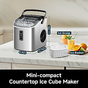 EUHOMY Ice Maker Countertop, 9 Cubes Ready in 6 Mins, 26lbs/24H, Self-Cleaning, Portable Ice Maker Machine with Carry Handle, Basket and Scoop, 2 Sizes of Bullet Ice for Home, Kitchen, Office