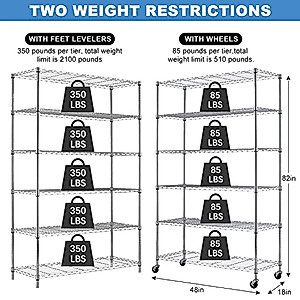 Hkeli 6 Tier Storage Metal Shelf 82''x48''x18'' Sturdy Steel Heavy Duty Wire Shelving Unit with Wheels Commercial NSF Rack for Restaurant Garage Pantry Kitchen Office
